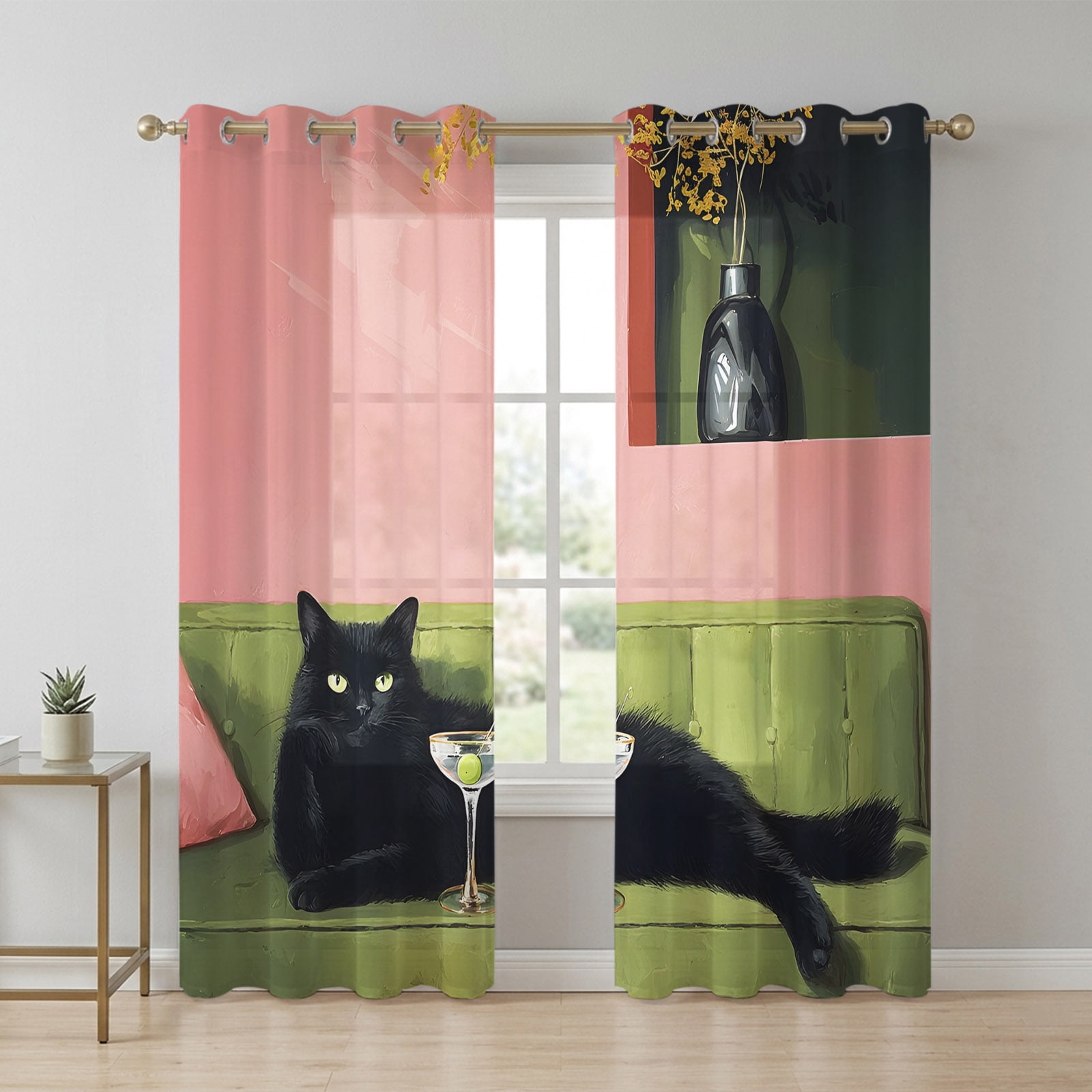 Black Cat Sheer Curtains 96 Inch Long 2 Panels, Boho Chic Lack Animal ...