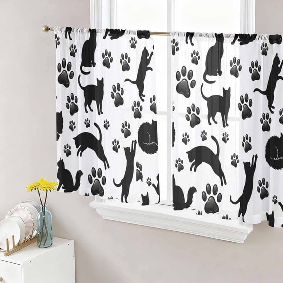 Black Cat Sheer Curtains for Living Room Bedroom Cat Paw Cute ...