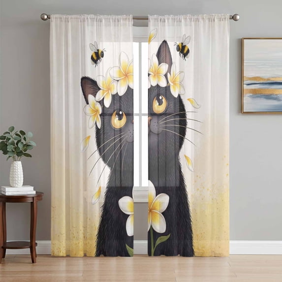 Black Cat Sheer Curtains for Living Room Bedroom Cute Animals Bees ...