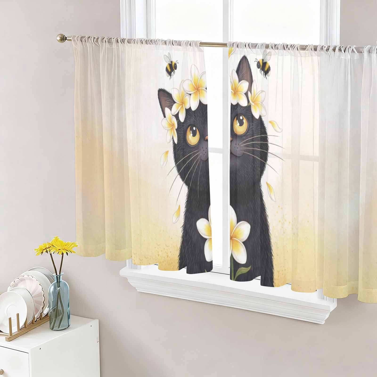 Black Cat Sheer Curtains for Living Room Bedroom Cute Animals Bees ...