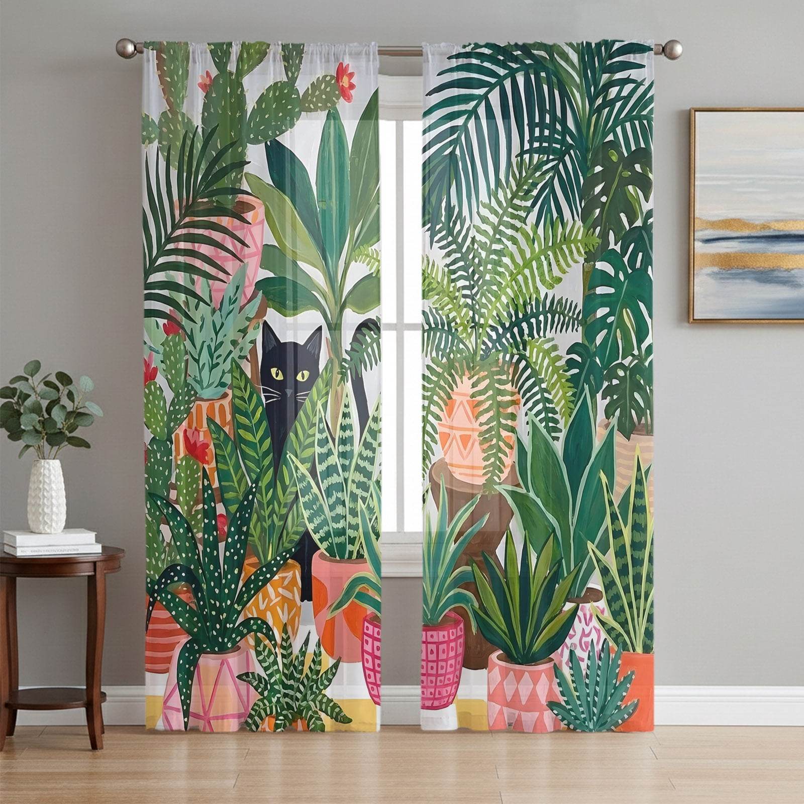 Black Cat Sheer Curtains for Living Room Bedroom, Indoor Jungle Potted ...