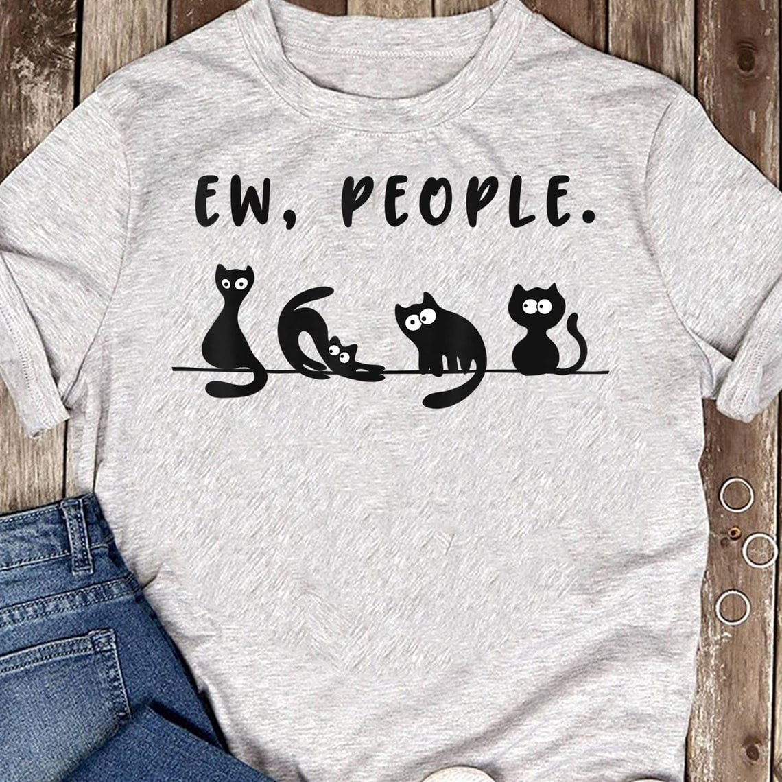 Black Cat Shirt Funny Womens Ew People Meowy Cat Lovers T-Shirt - Cat ...