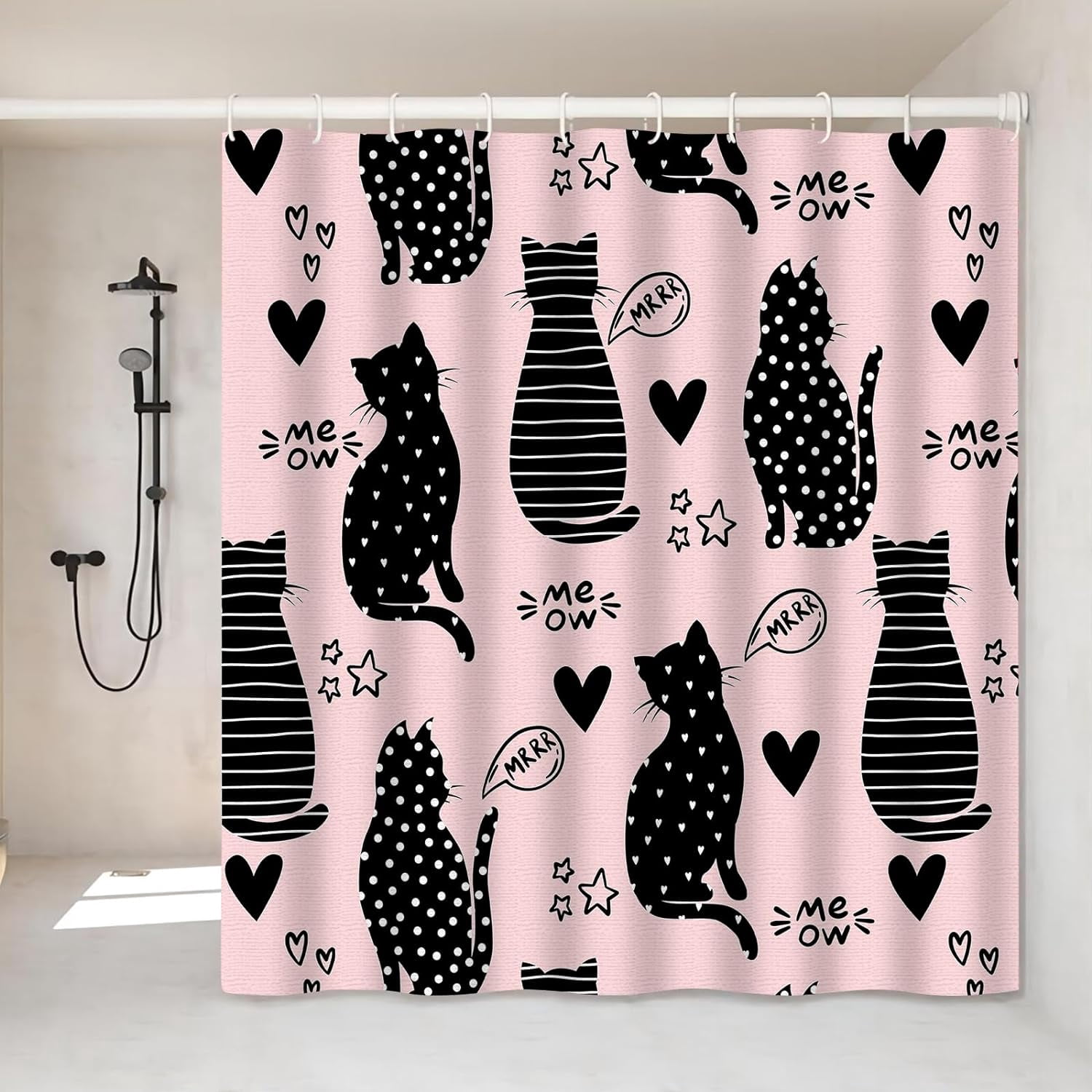 Black Cat Shower Curtain- 72x72 Inch Cute Cartoon Kitten Bathroom Decor ...