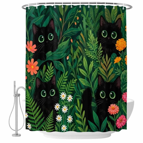 Black Cat Shower Curtain for Bathroom, Pink Orange Flower Green Grass ...