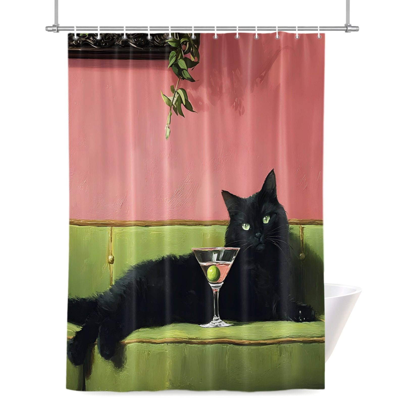 Black Cat Shower Curtain, Boho Lack Animal Cocktail Party Olive Green ...