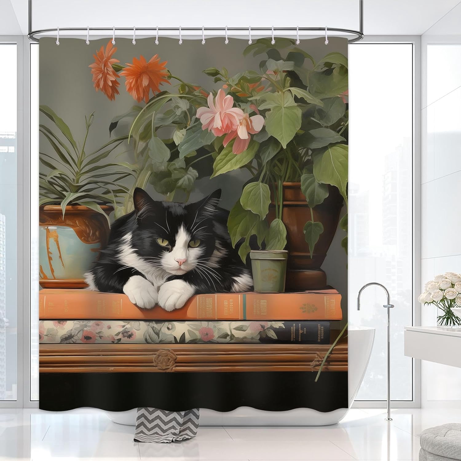 Black Cat Shower Curtain, Cats Bathroom Set Country Farm Flower Plant ...