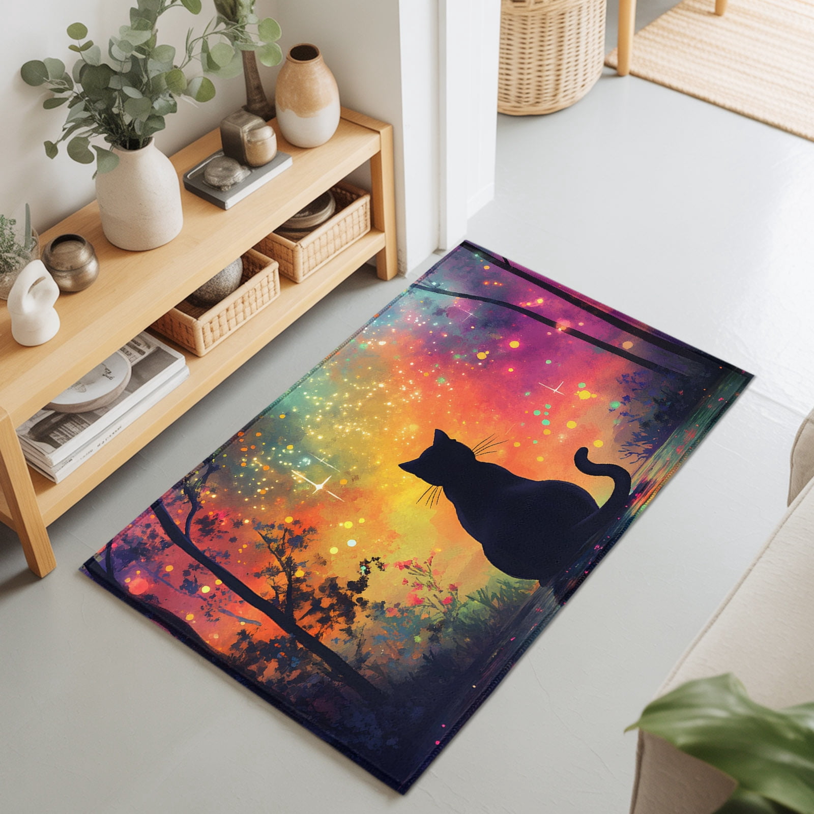 Black Cat Silhouette Forest Rectangle Rug 2'x3' Starry Night Lake ...
