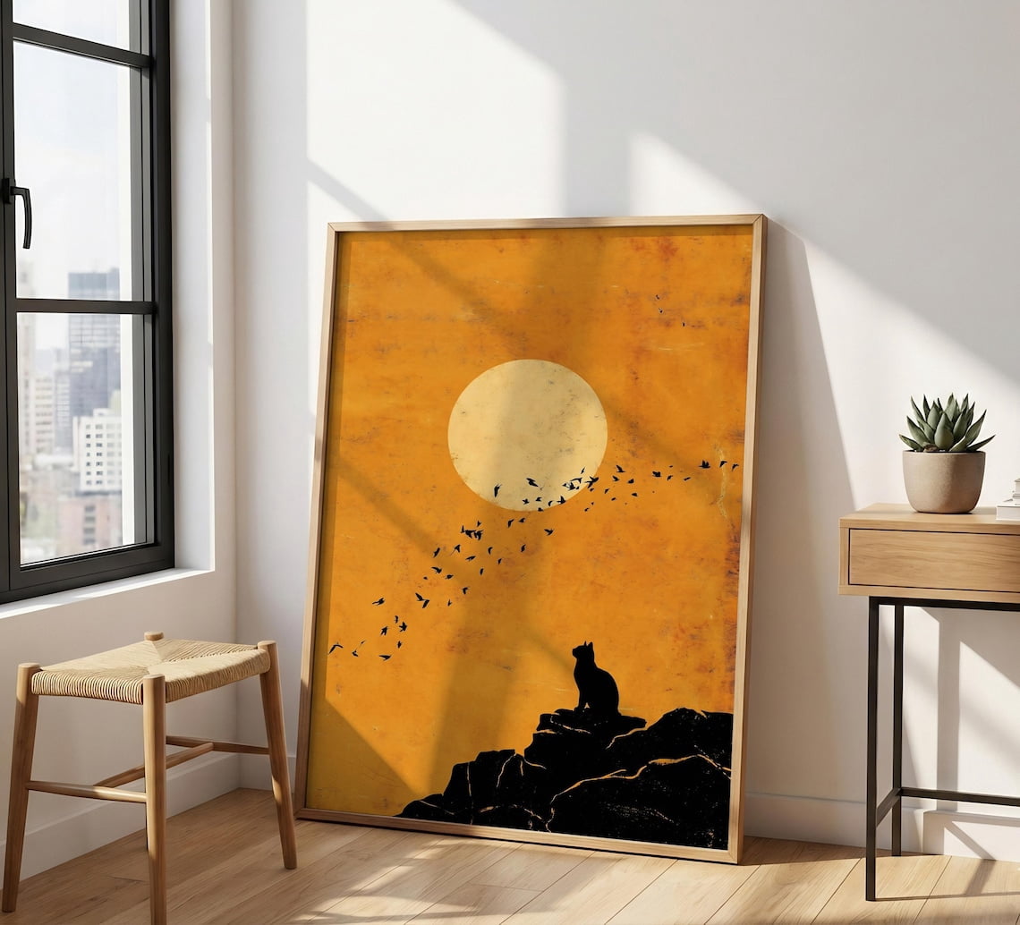 Black Cat Silhouette Minimalist Sun and Birds Japandi Orange Textured ...