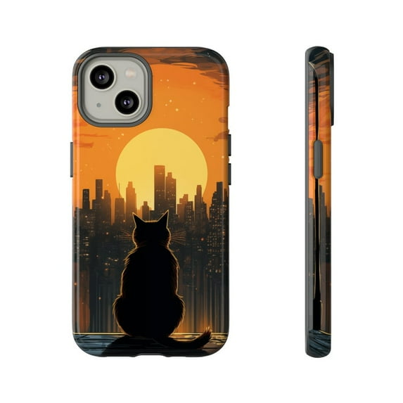 Black Cat Silhouette Overlooking City Phone Case for iPhone 11-17 ...