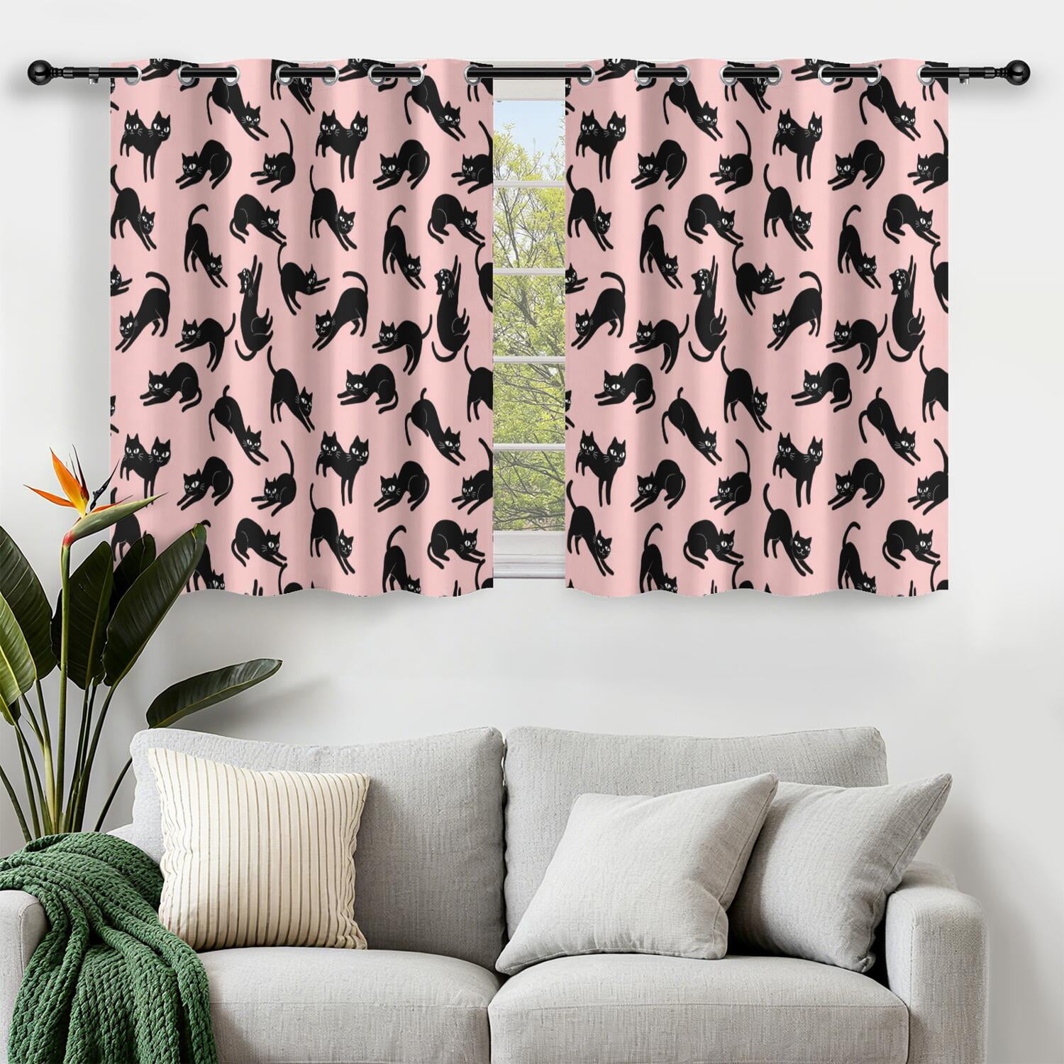 Black Cat Silhouette Pink Pattern Blackout Curtains,Triple Weaved ...