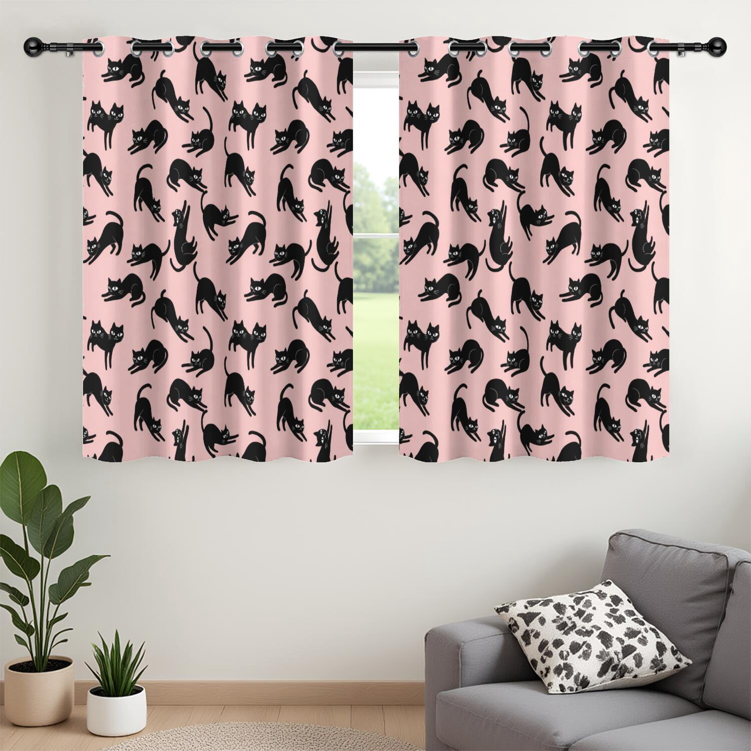 Black Cat Silhouette Pink Pattern Blackout Curtains,Triple Weaved ...