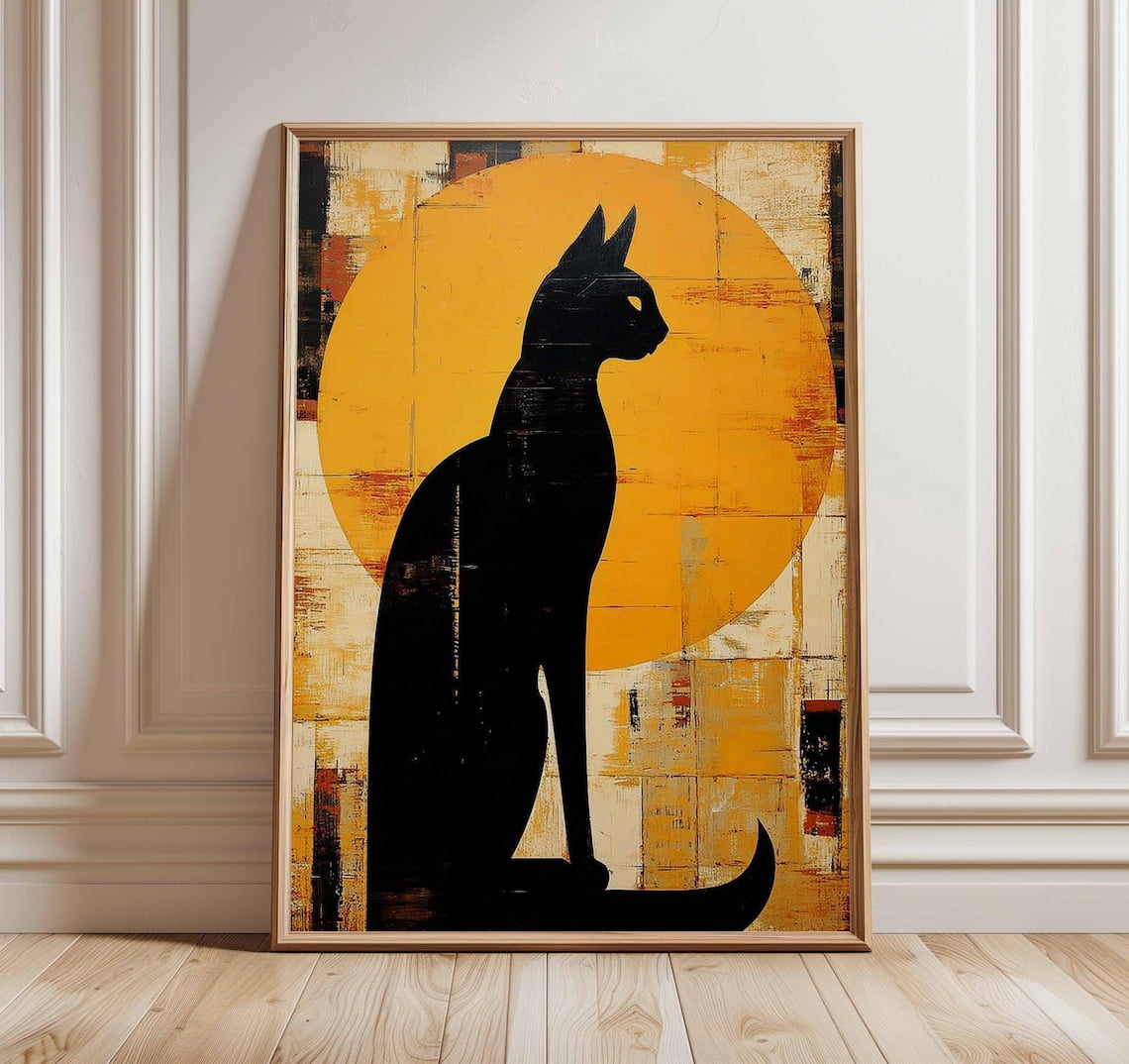 Black Cat Silhouette Poster Modern Golden Sun Art Feline Wall Art ...