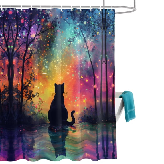 Black Cat Silhouette Shower Curtain, Starry Night Enchanted Forest ...