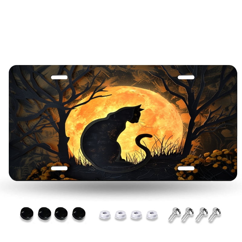 Black Cat Silhouette Sitting in Front of The Full Moon License Plate ...
