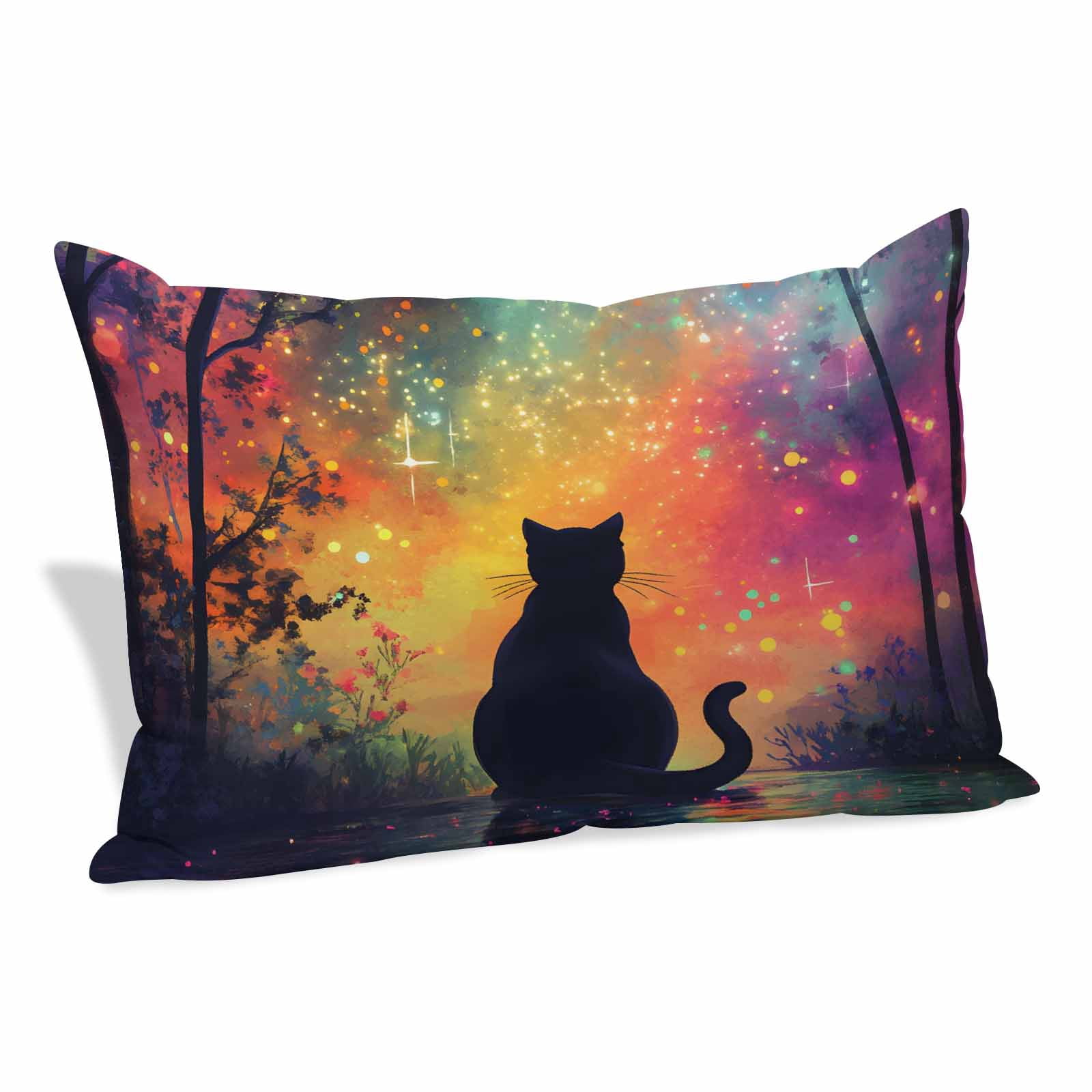 Black Cat Silhouette Throw Pillow Covers, Starry Night Enchanted Forest ...