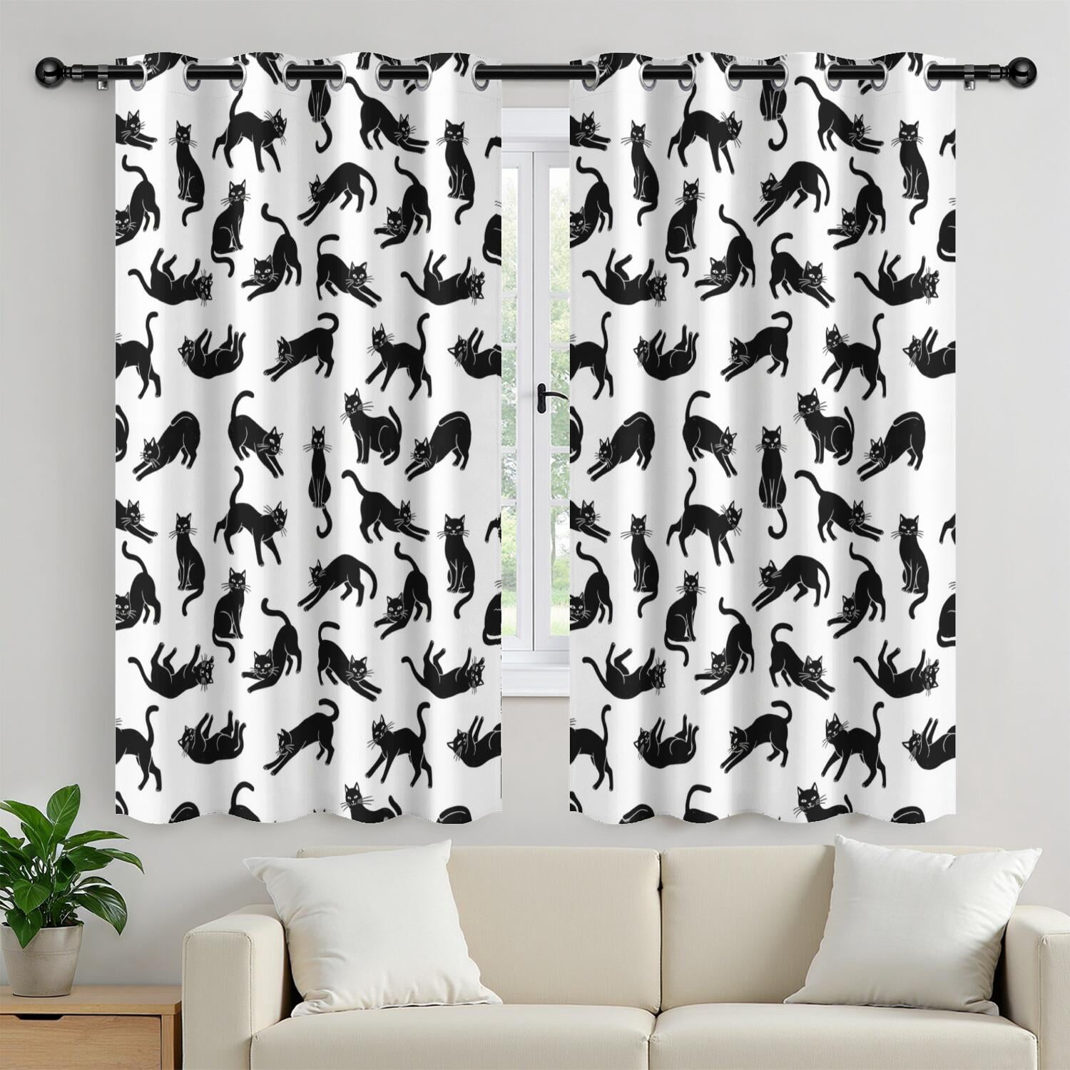 Black Cat Silhouette White Pattern Blackout Curtains,Triple Weaved ...