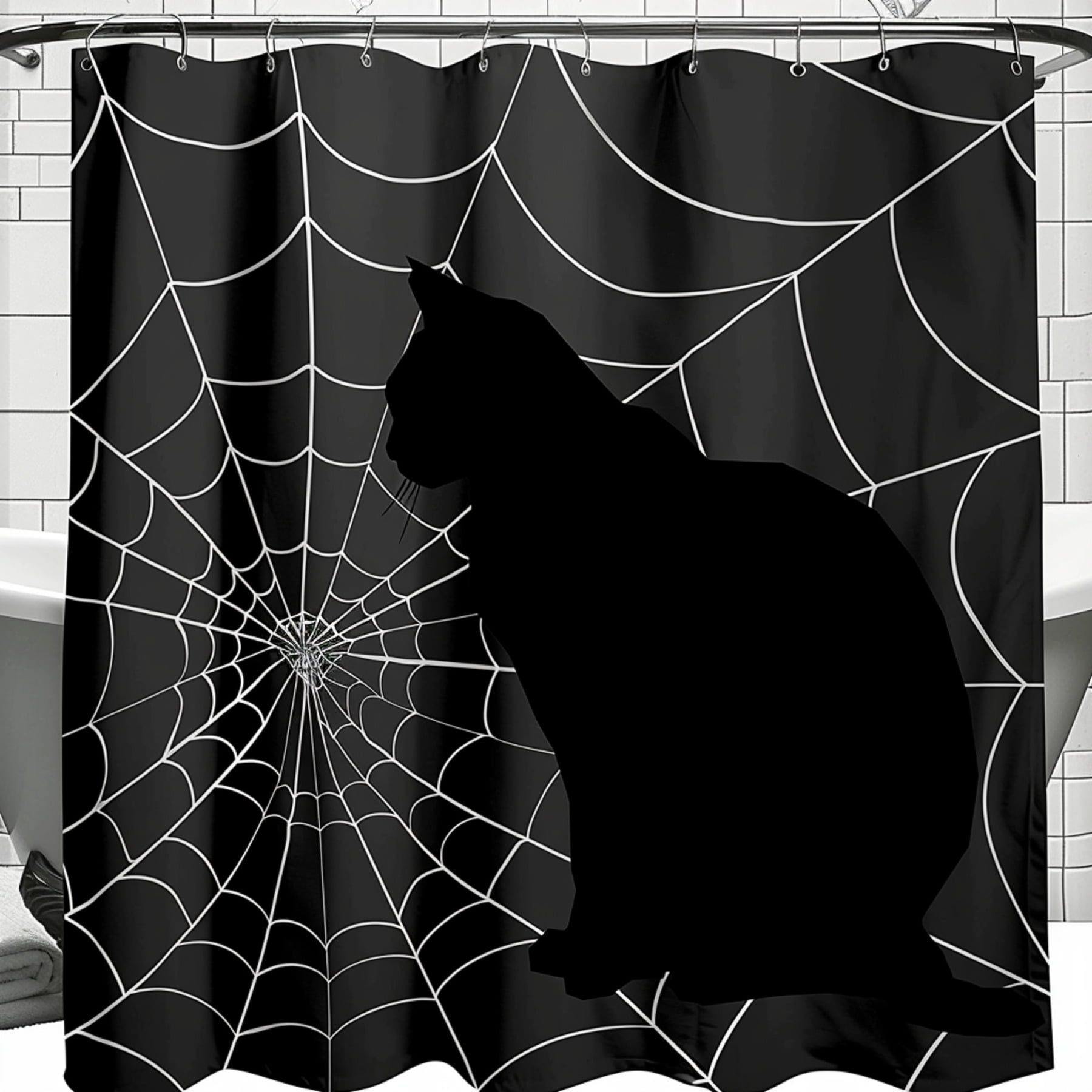Black Cat Silhouette on Spider Web Shower Curtain Modern Black and ...