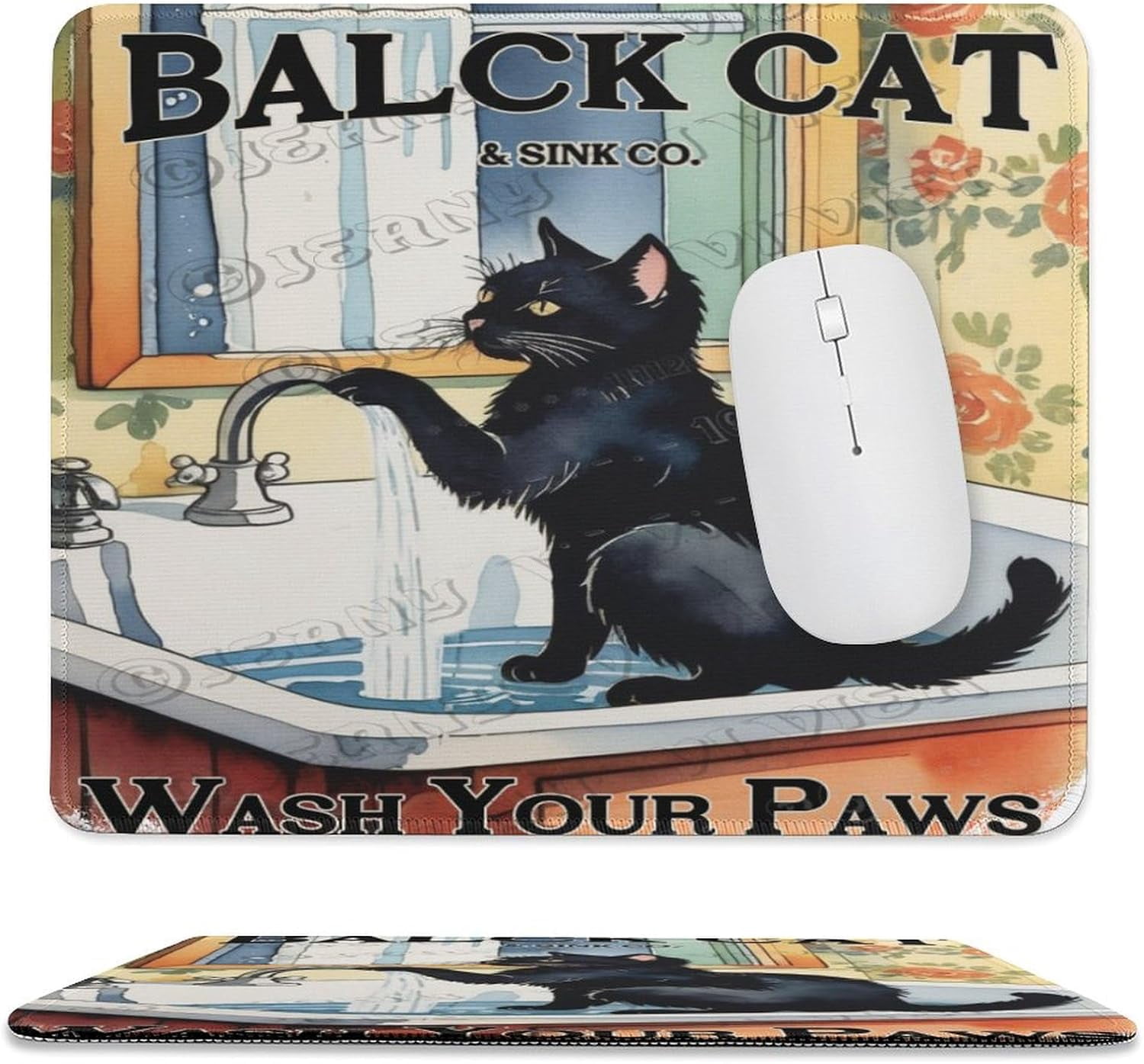 Black Cat in The Sink Print Mouse Pad, Computer Mouse Mat with Anti ...