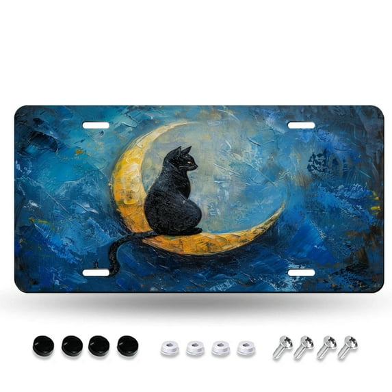 Black Cat Sitting Gracefully on a Crescent Moon License Plate Frame ...
