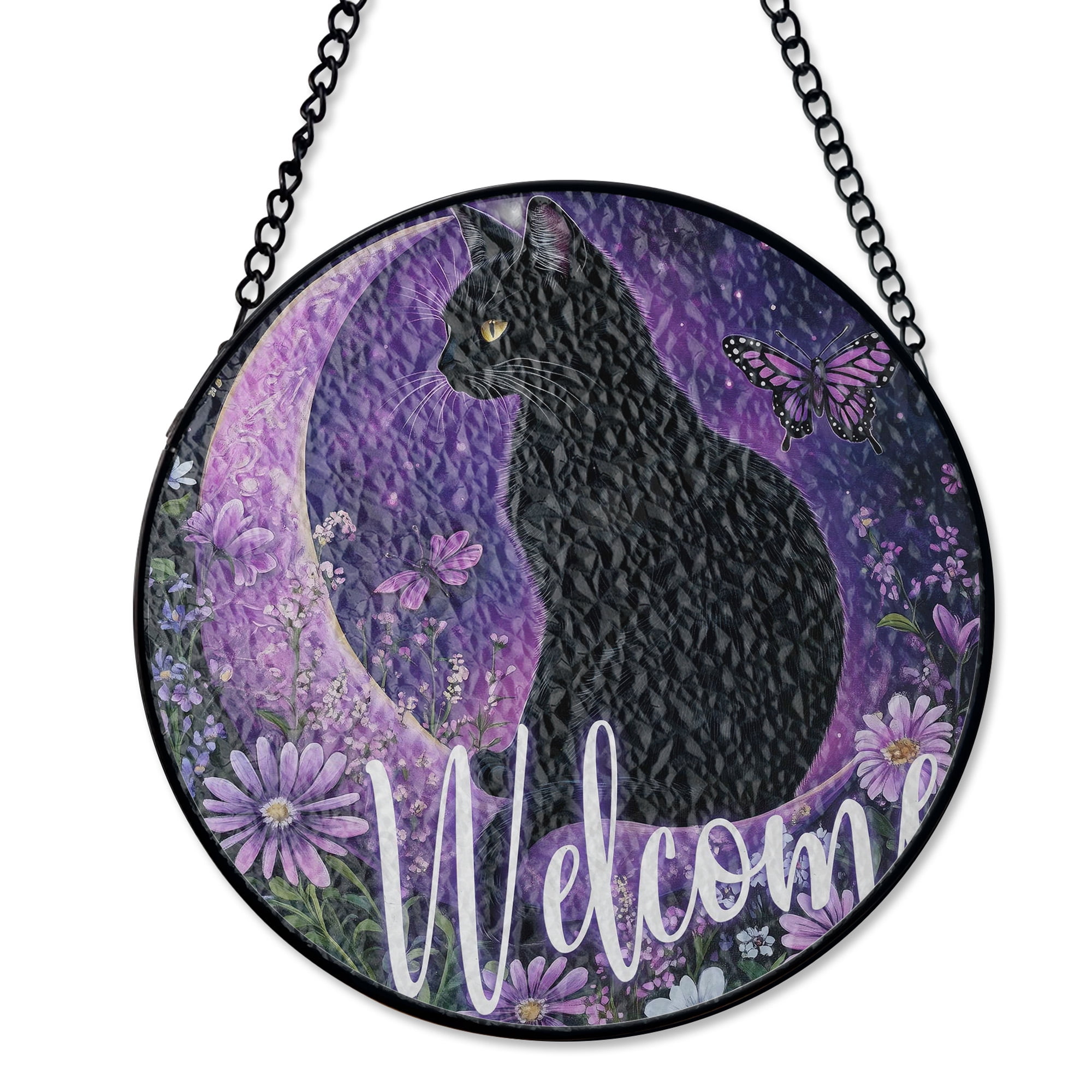 Black Cat Sitting On Crescent Moon Stained Glass Suncatcher UV Printed ...