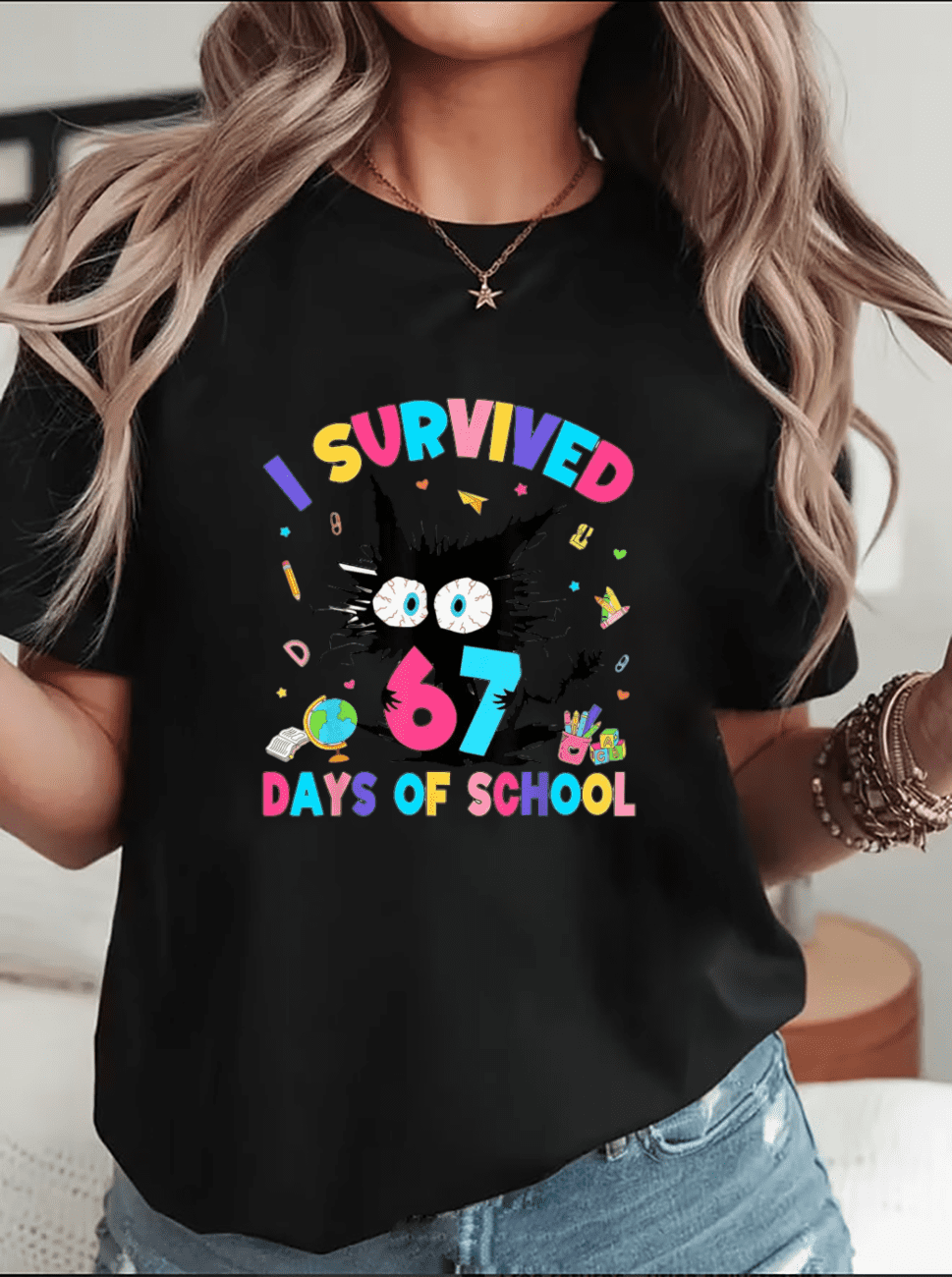 Black Cat Six Seven Meme Survived 67 Days of School up to Size 5XL ...
