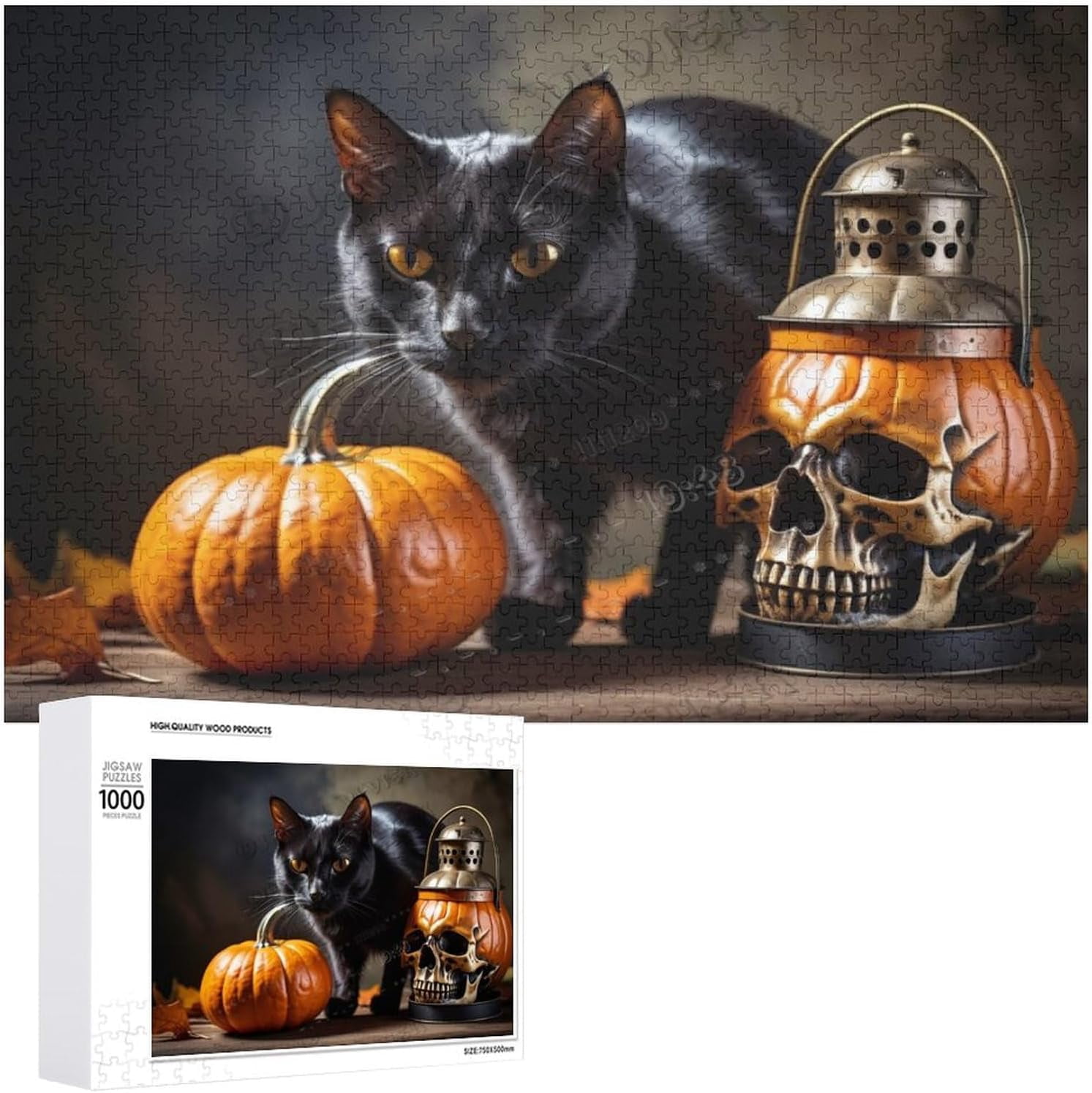 Black Cat Skeleton Funny Halloween Wood Sign 500 Piece Jigsaw Puzzle 20 ...