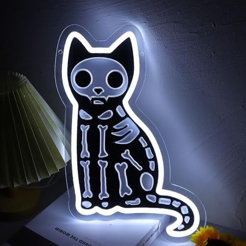 Black Cat Skeleton Neon Signs for Halloween Decor, Spooky Cat LED ...