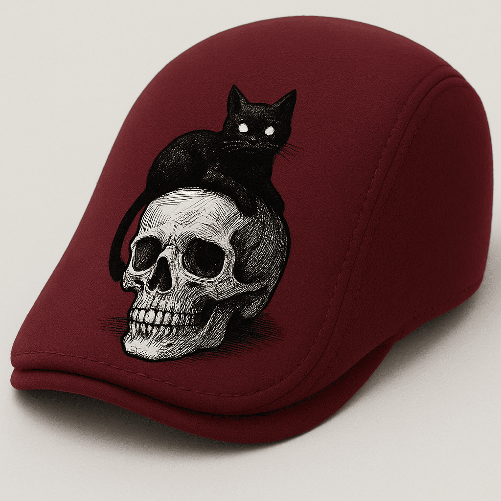 Black Cat & Skull Beret: Mysterious Gothic Graphic Headwear Boasting an ...