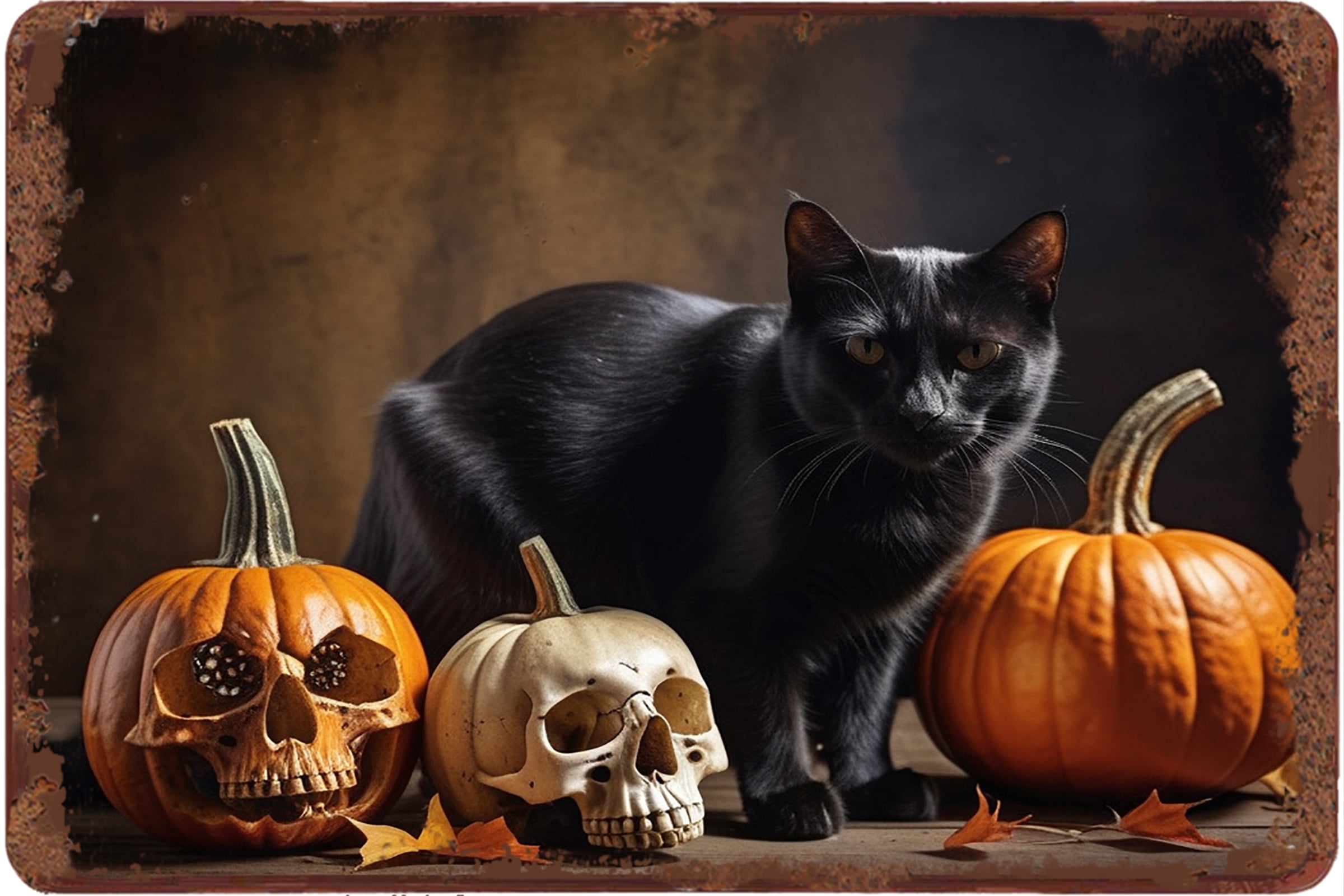 Black Cat and Skull Vintage Aluminum Sign Happy Halloween All Saints ...