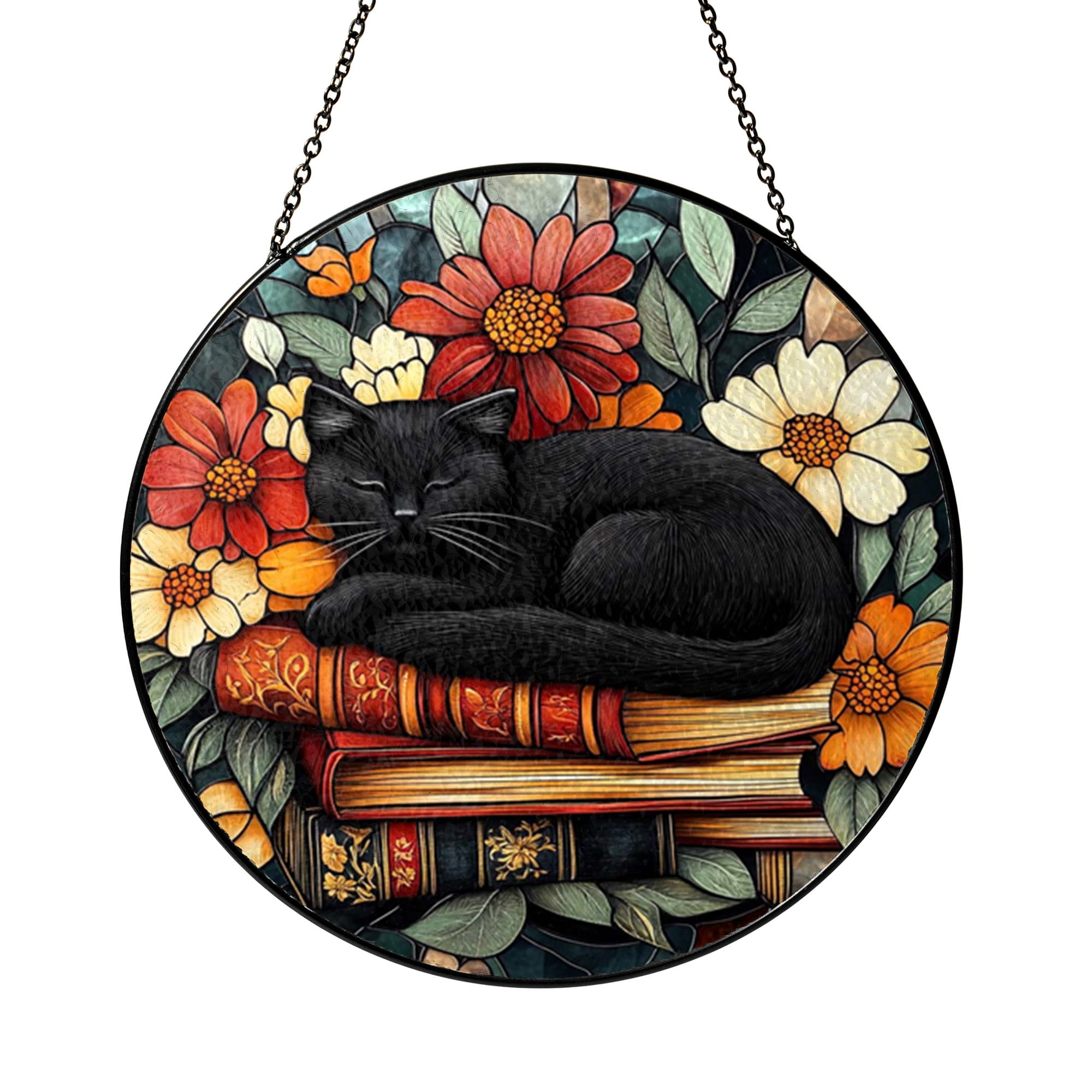 Black Cat Sleeping on Books Stained Glass Suncatcher – Literary Window ...