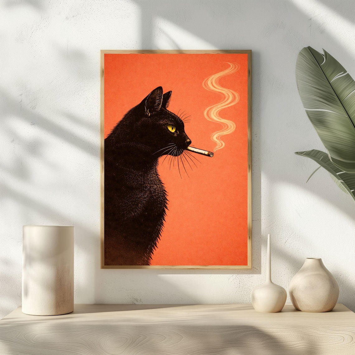Black Cat Smoking Art Burnt Orange Decor Mid Century Modern Cat ...