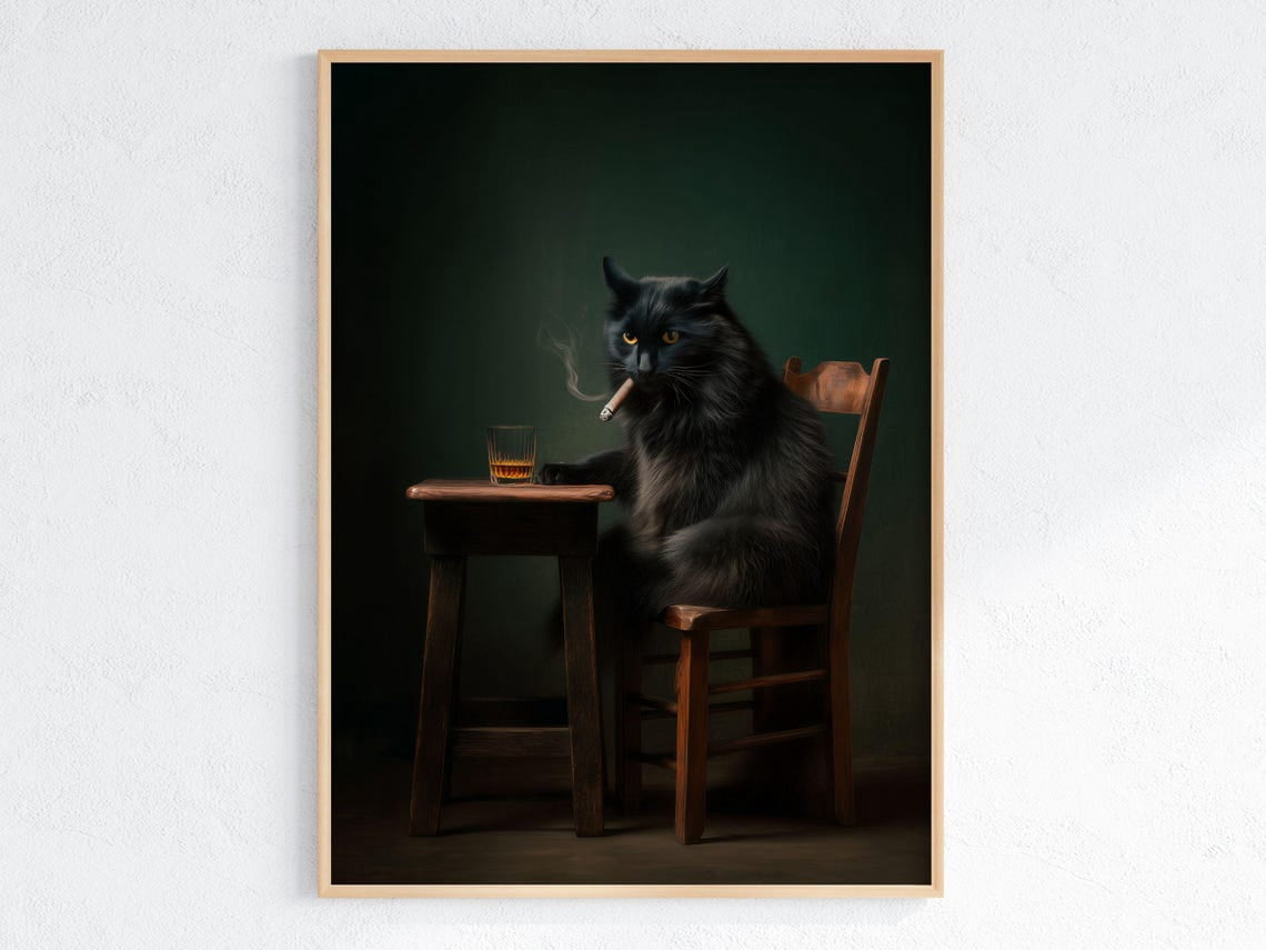 Black Cat Smoking Dark Humor Animal Art Moody Decor, Unframed Canvas ...