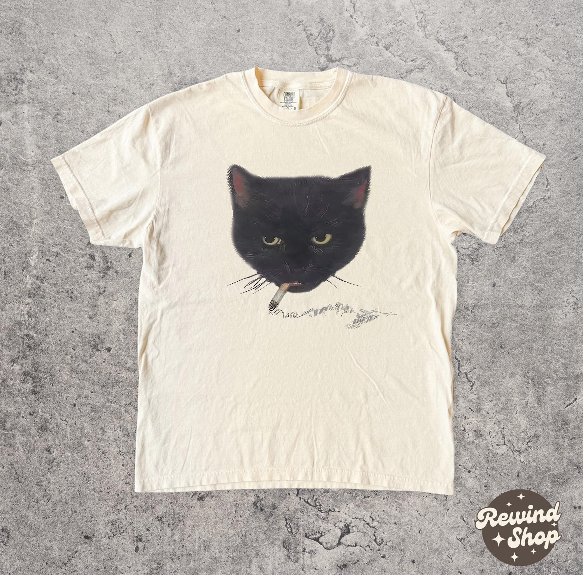 Black Cat Smoking Tshirt y2k Kitty Graphic Tee Cat alt Clothing ...