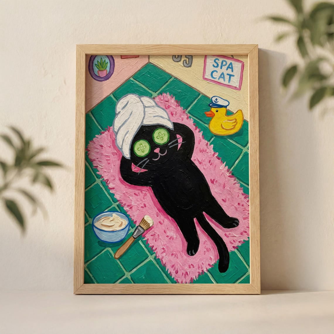 Black Cat Spa Day Colorful Bathroom Illustration with Cucumber Eyes ...
