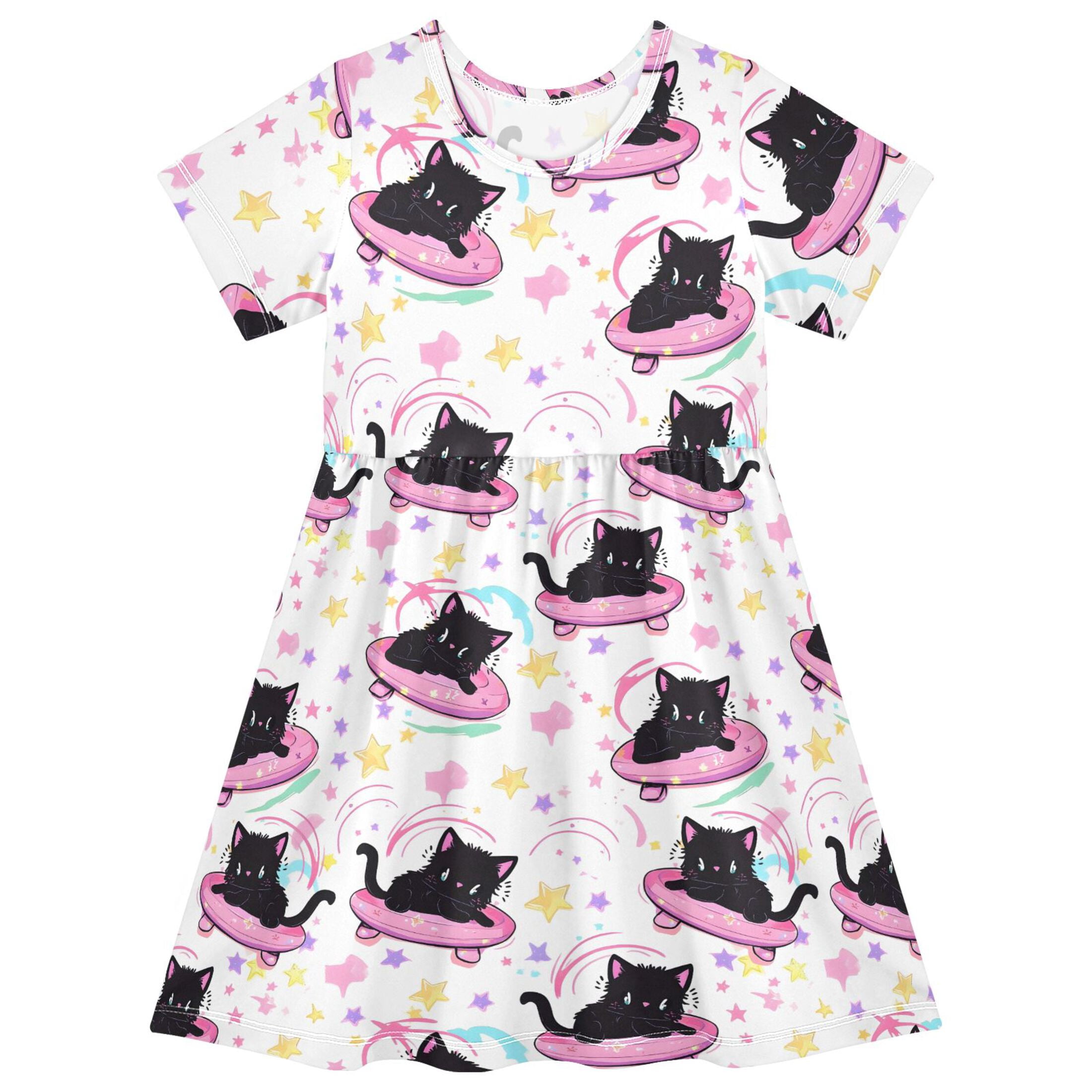 Black Cat Spaceship Short Sleeve Dress A-Line Cute Midi Casual Sundress ...