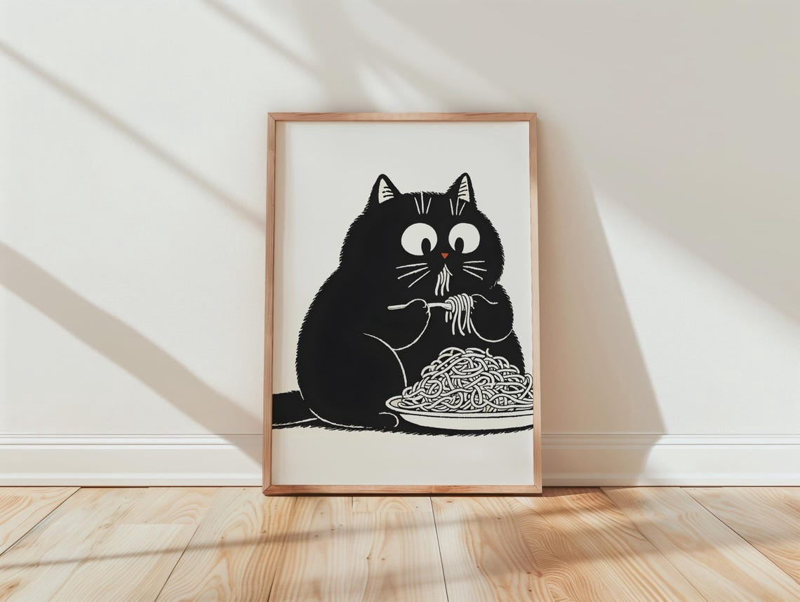 Black Cat Spaghetti Illustration Whimsical Kitchen Graphic Poster ...