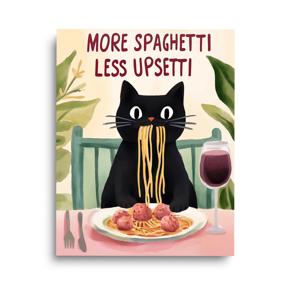 Black Cat Spaghetti Print, Kitchen Dining Room Art, Italian Food Poster ...