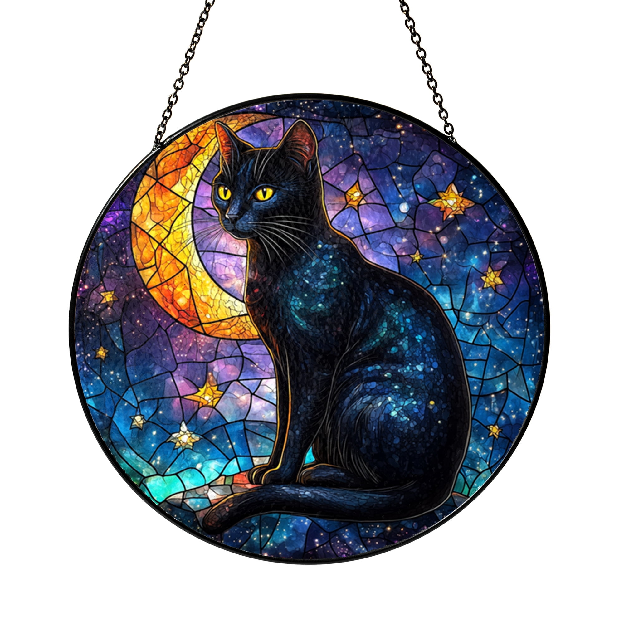 Black Cat Stained Glass Round Suncatcher – Moon & Stars Window Panel ...
