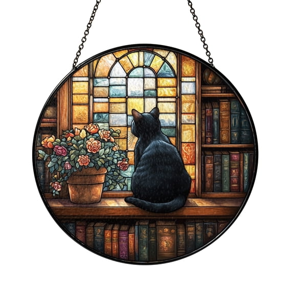 Black Cat Stained Glass Style Suncatcher, Fantasy Feline Window Hanging ...