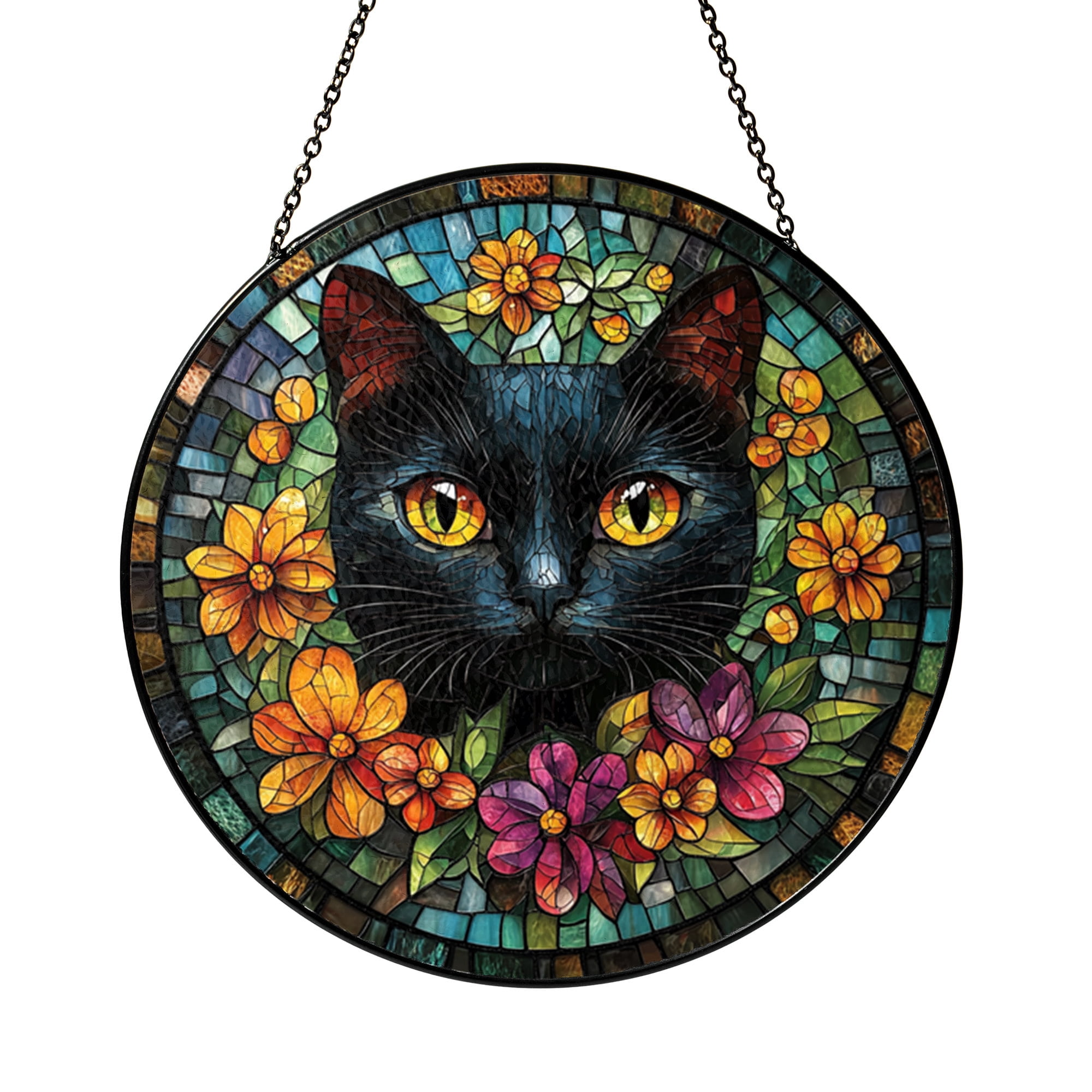 Black Cat Stained Glass Style Suncatcher – Floral Decorative Window ...