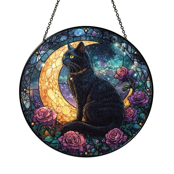 Black Cat Stained Glass Style Suncatcher Window Hanging, Moon and Rose ...