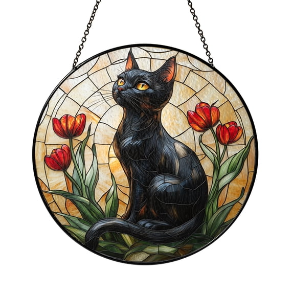 Black Cat Stained Glass Style Suncatcher With Red Flowers, Floral ...