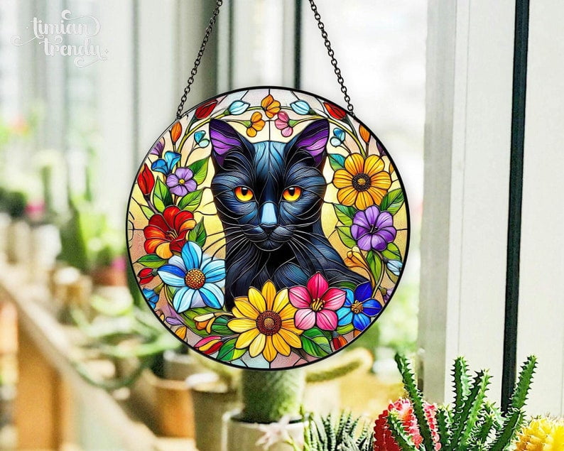 Black Cat Stained Glass Suncatcher, Cat Flower GlassSuncatcher, Gift ...