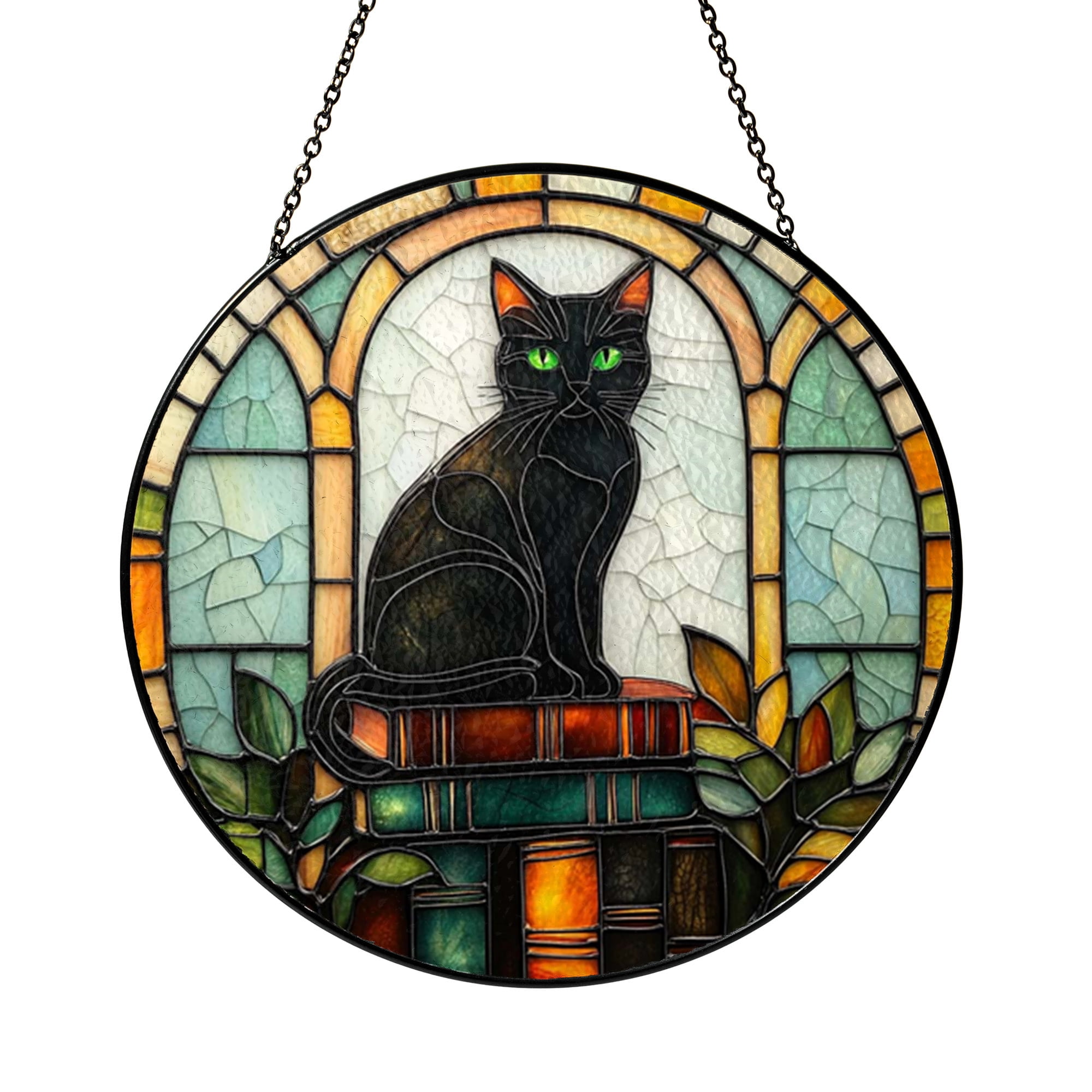 Black Cat Stained Glass Suncatcher – Feline Bookshelf Style Decorative ...