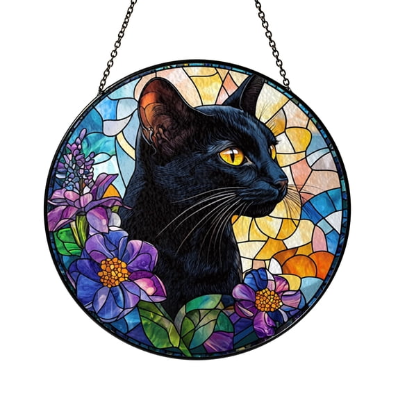 Black Cat Stained Glass Suncatcher – Floral Tabby Design, Window ...