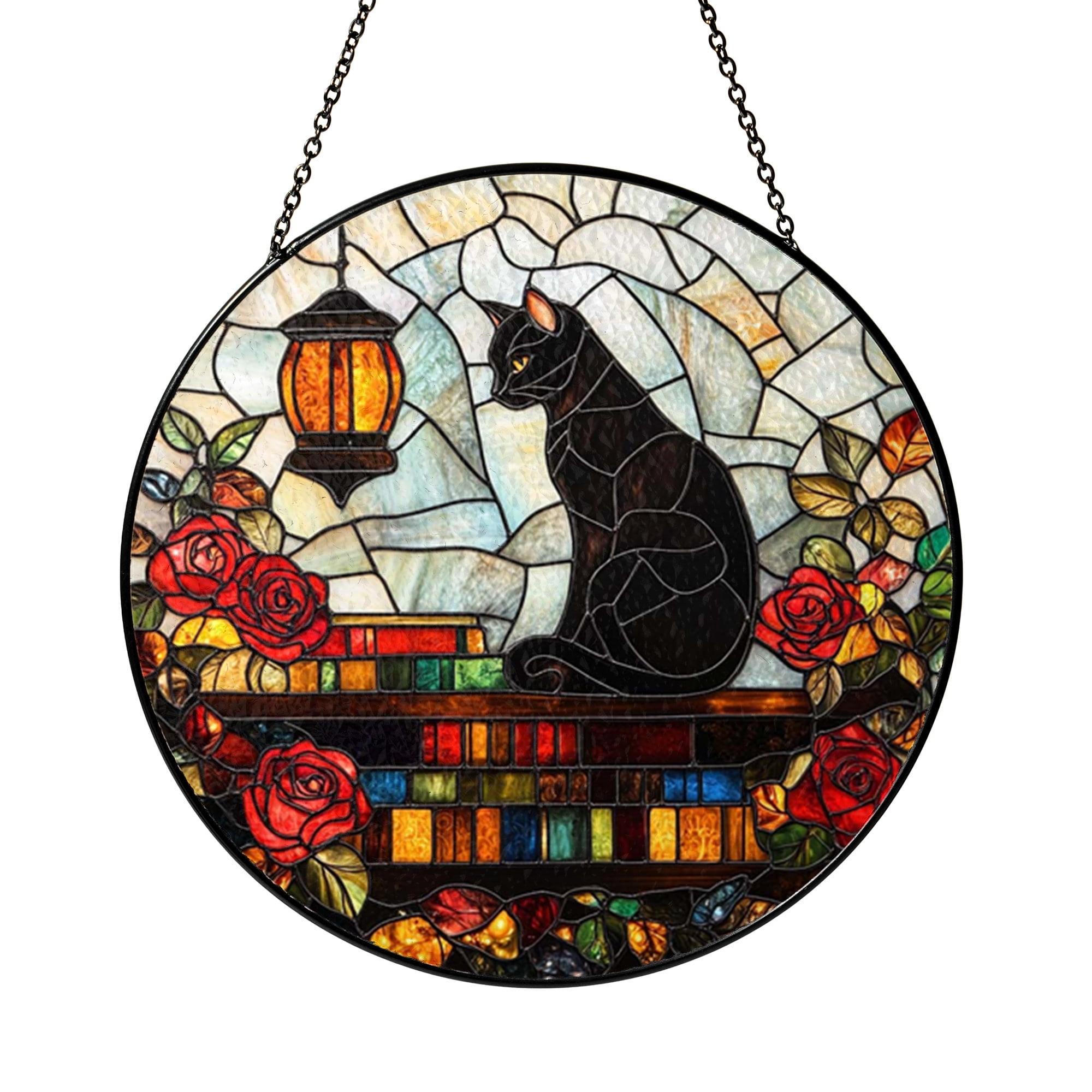 Black Cat Stained Glass Suncatcher – Library Bookshelf Window Hanging ...