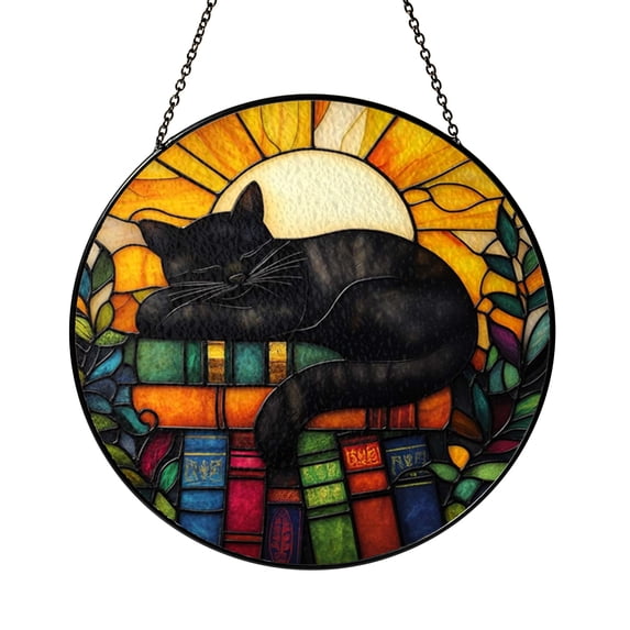 Black Cat Stained Glass Suncatcher Window Hanging, Cozy Reading Corner ...