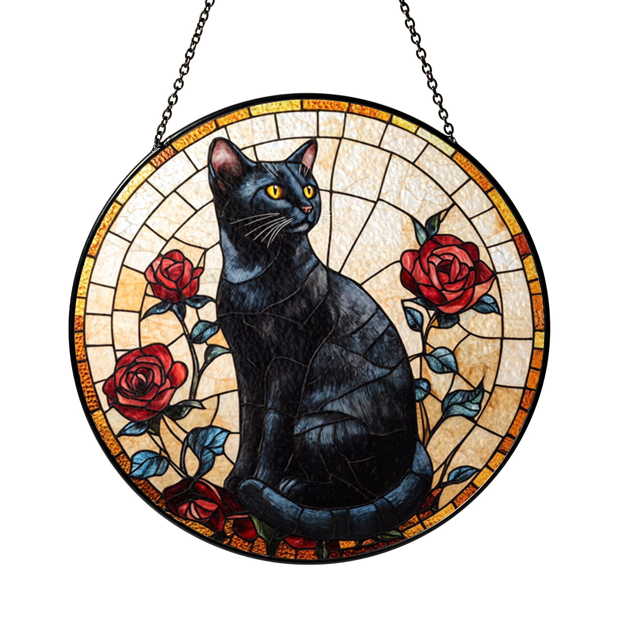 Black Cat Stained Glass Suncatcher Window Hanging Red Floral Sun ...