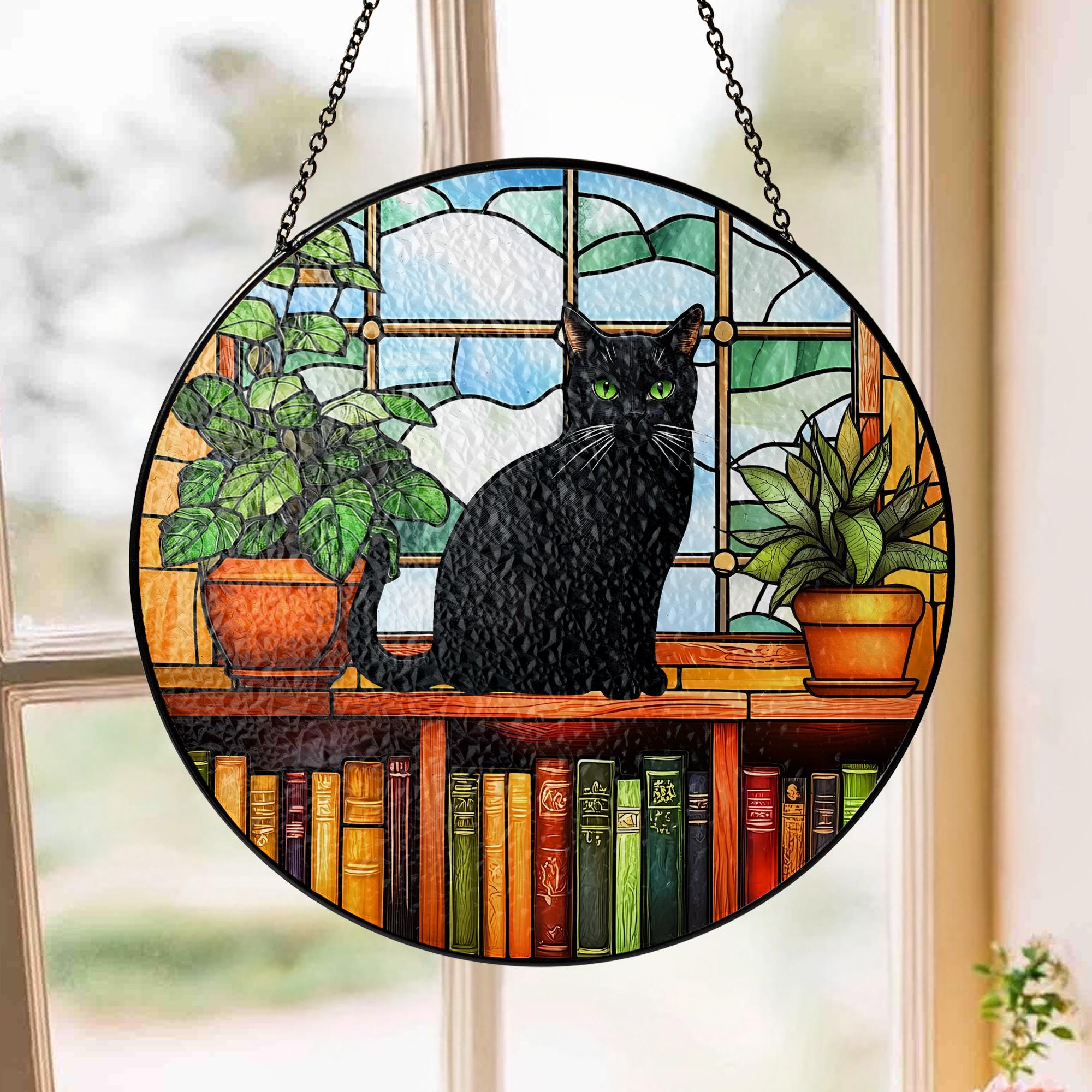 Black Cat Stained Suncatchers, Black Cat With Book Glass Sun Catchers ...