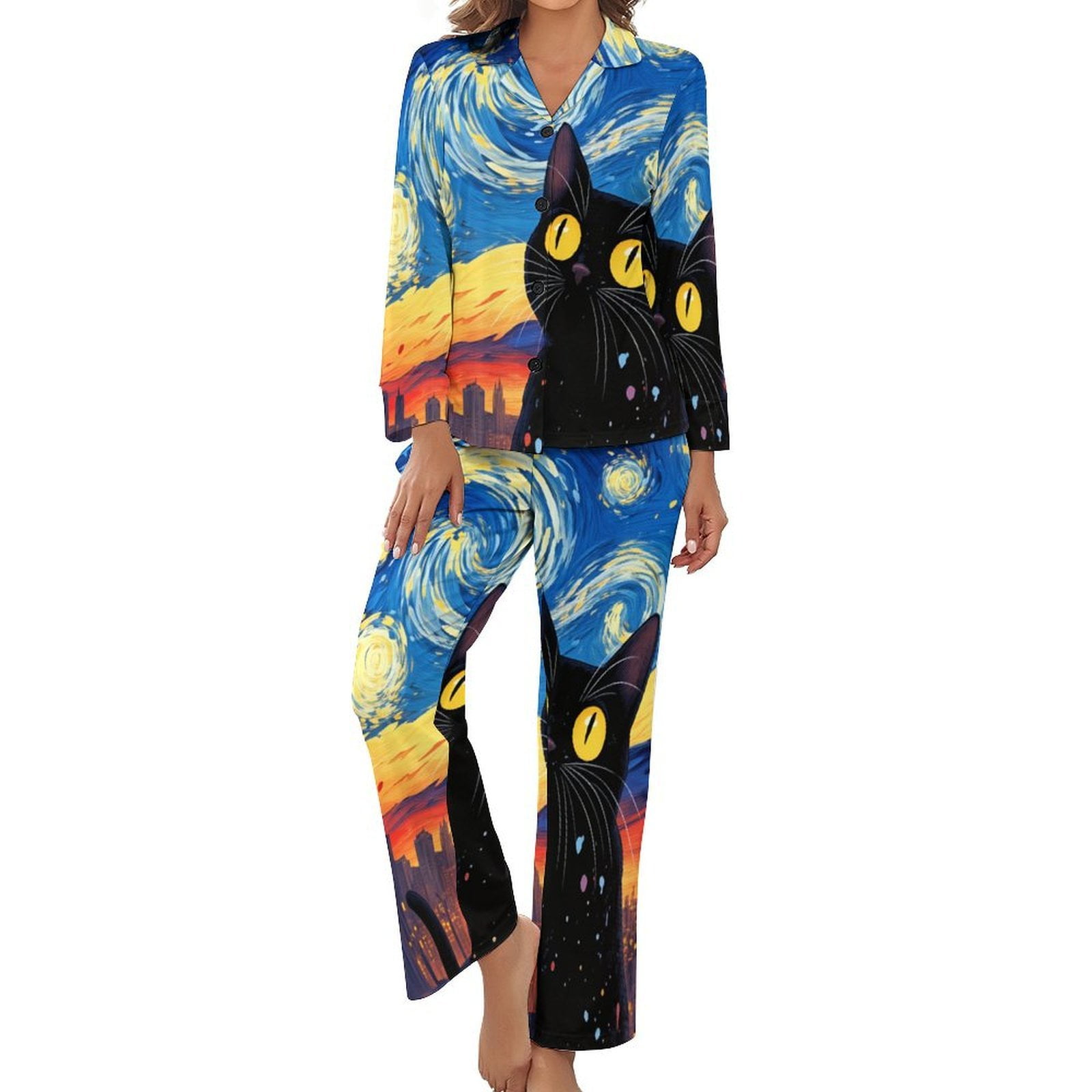 Black Cat Starry Night-2 Pajamas Woman Vintage Pajamas Set 2 Piece Long ...